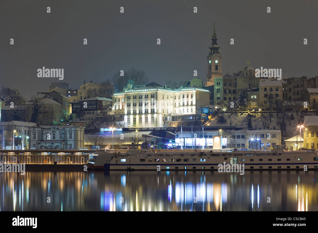 Belgrade city at winter night, snow, river Sava, Serbia Stock Photo - Alamy