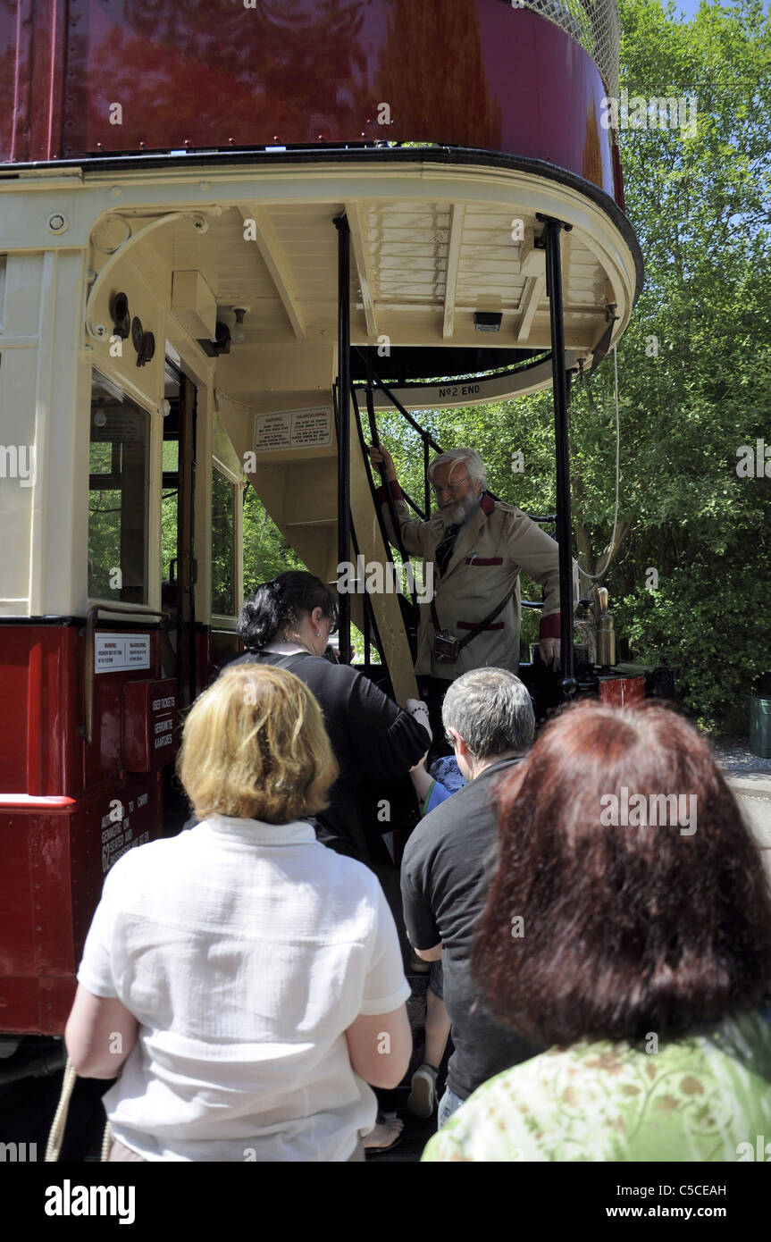Crich Tramway Museum where passengers are boarding one of the working ...