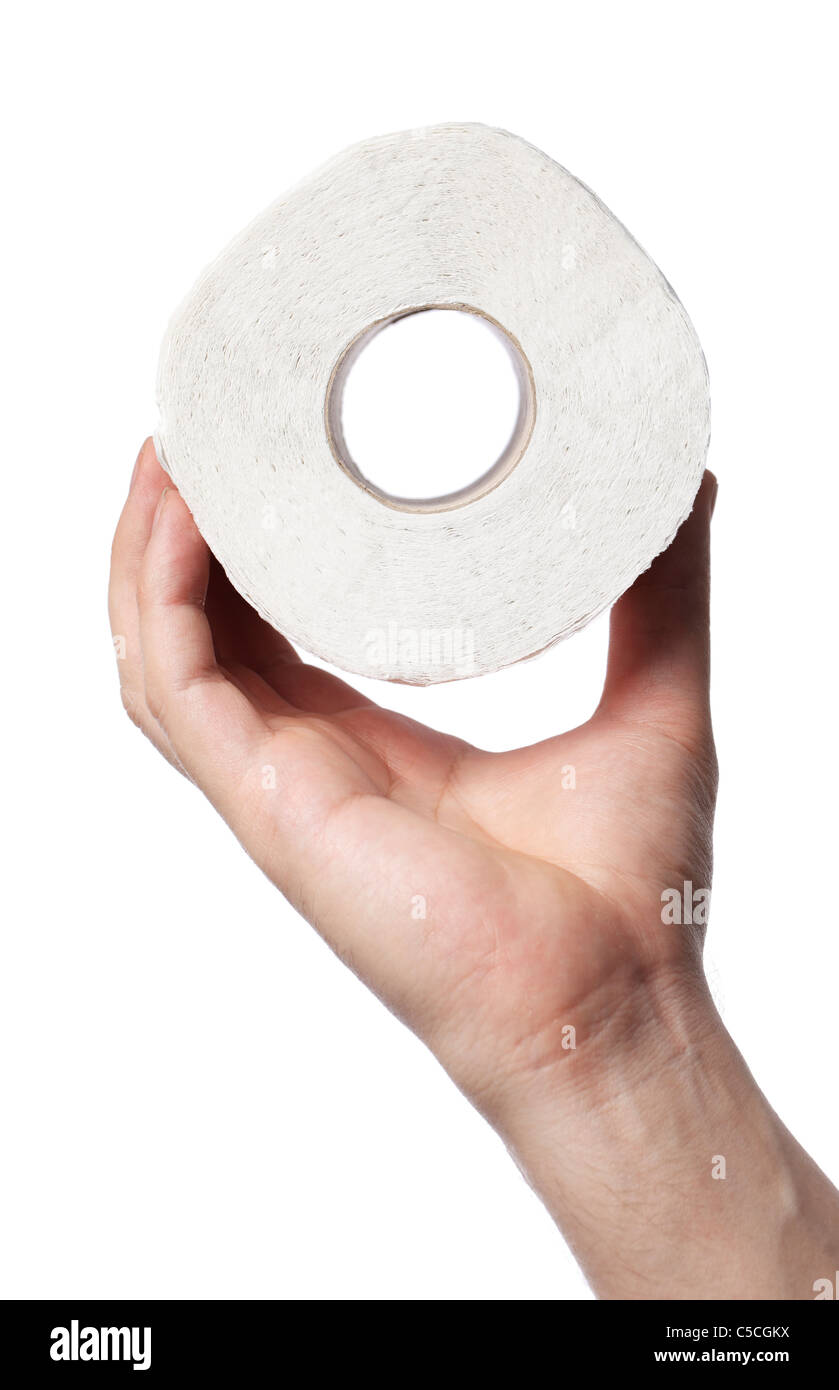 Man holding a roll of white toilet paper in his hand Stock Photo - Alamy