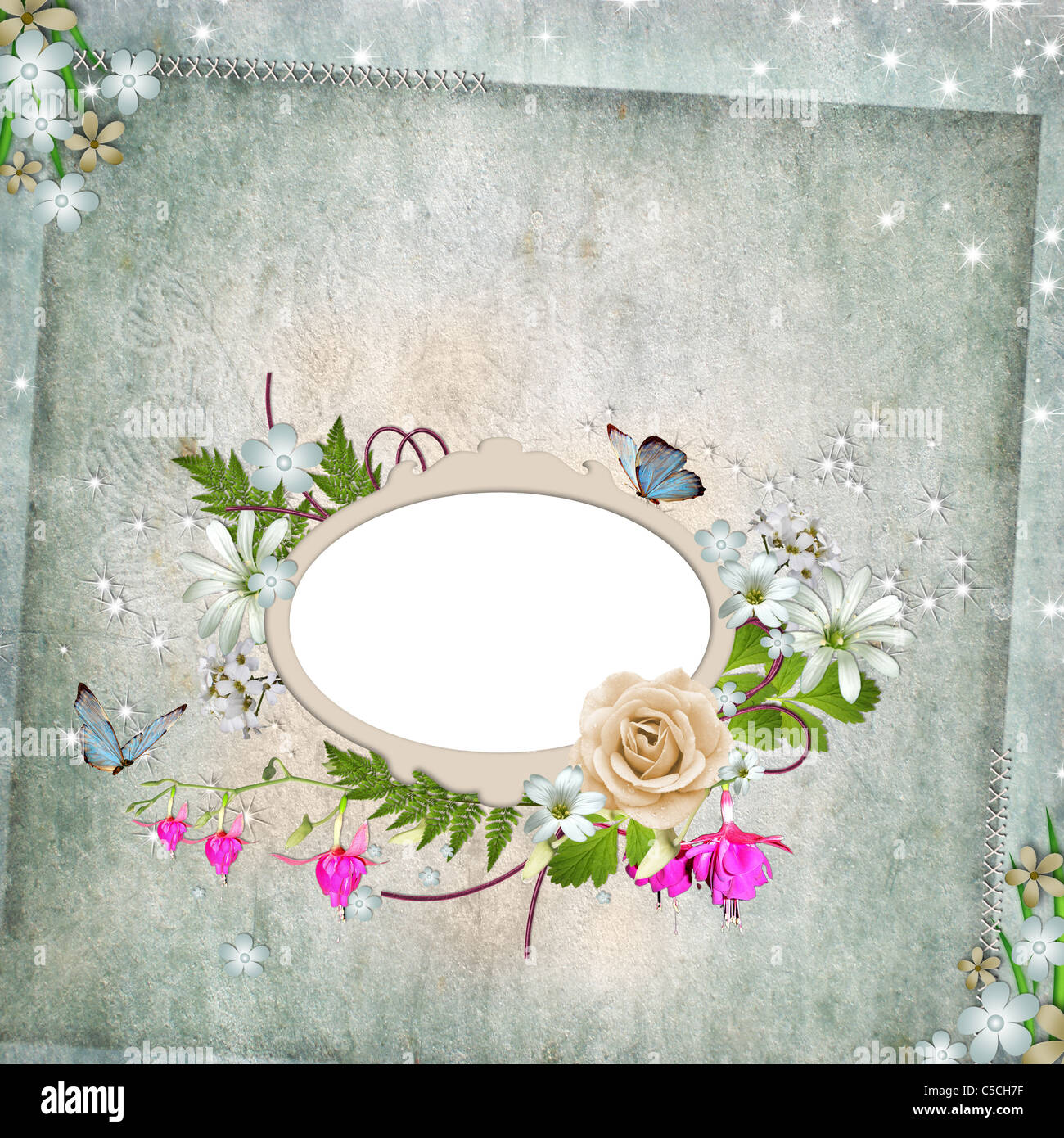 Frame for photo with roses, leaf and butterfly Stock Photo - Alamy