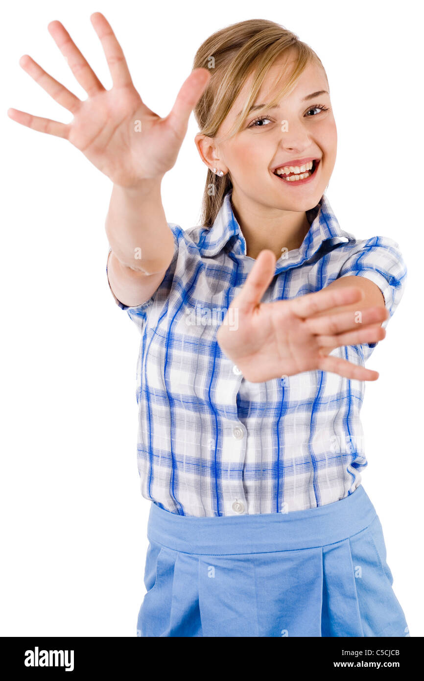Portrait of women showing her hands wide open on a white background ...
