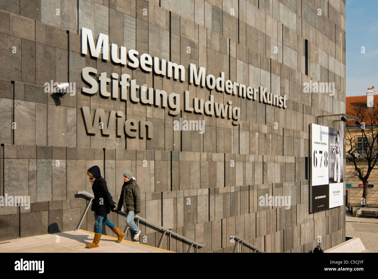 Sign of MUMOK (Museum Moderner Kunst or Museum of Modern Art) on Basalt ...