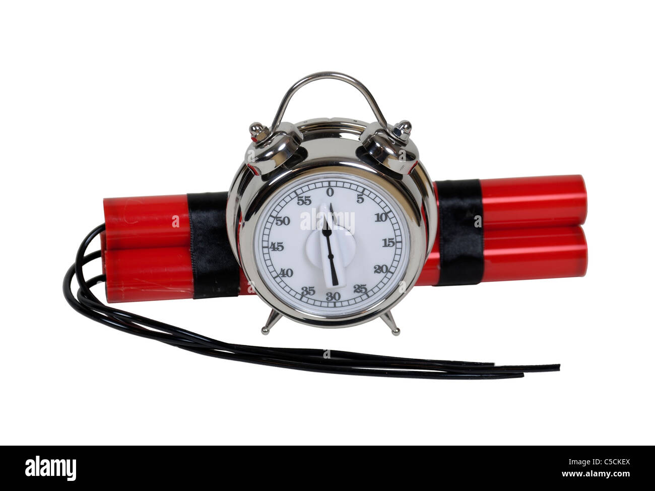 Bundle of red sticks of dynamite with long fuses with a timer alarm ...