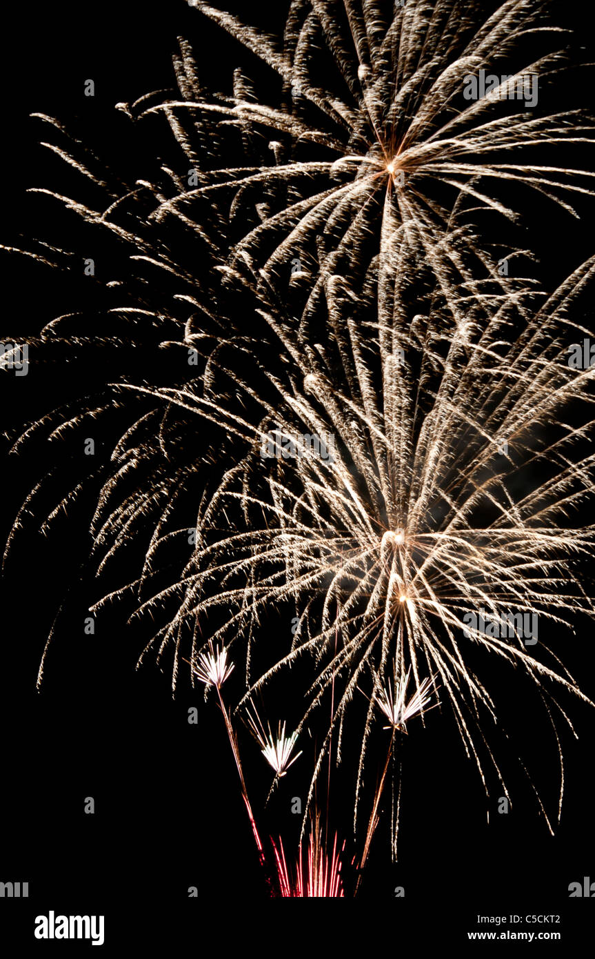 Gold and red fireworks exploding in the night sky. A celebration of ...