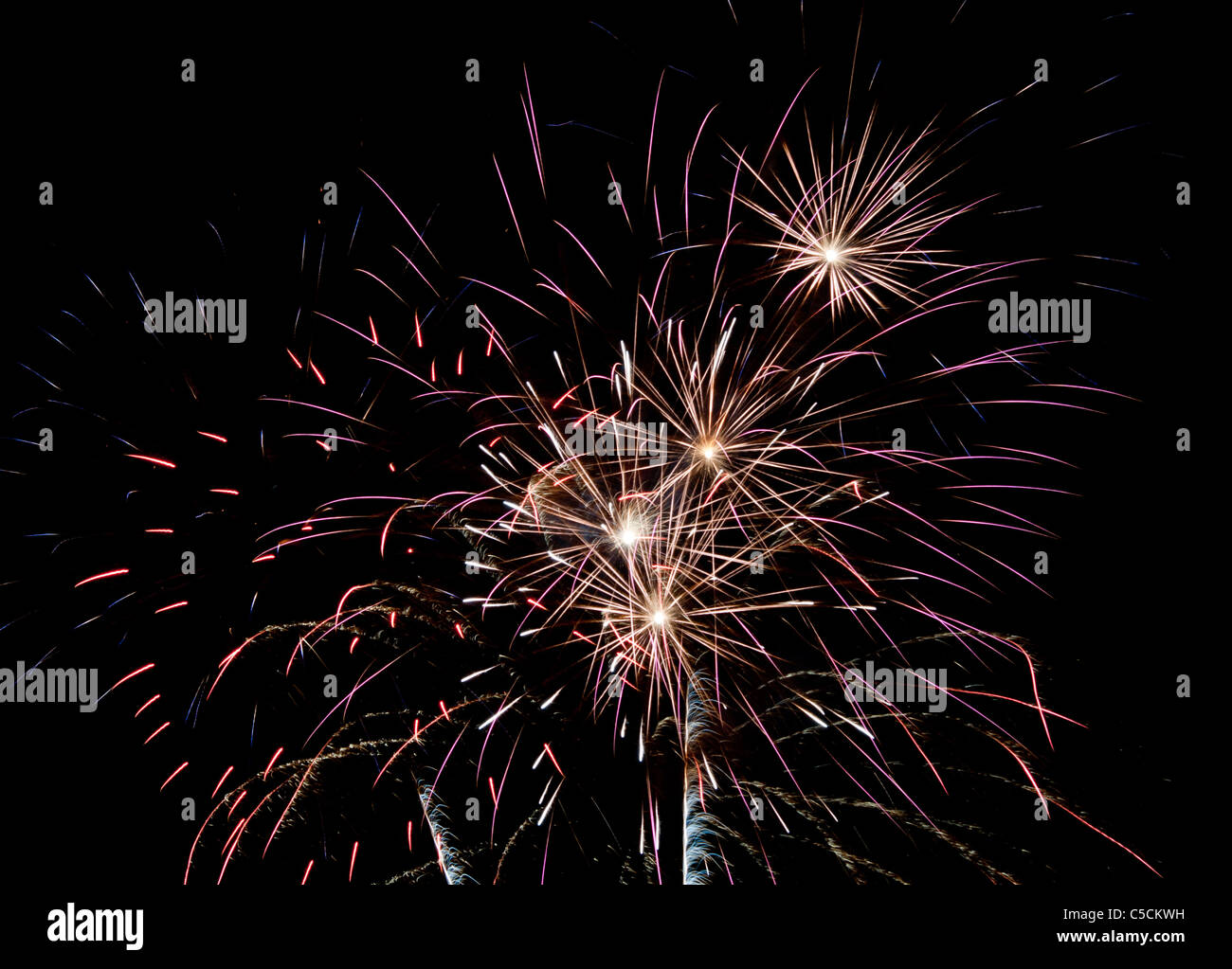 Red, white, purple and gold fireworks exploding in the night sky. A ...