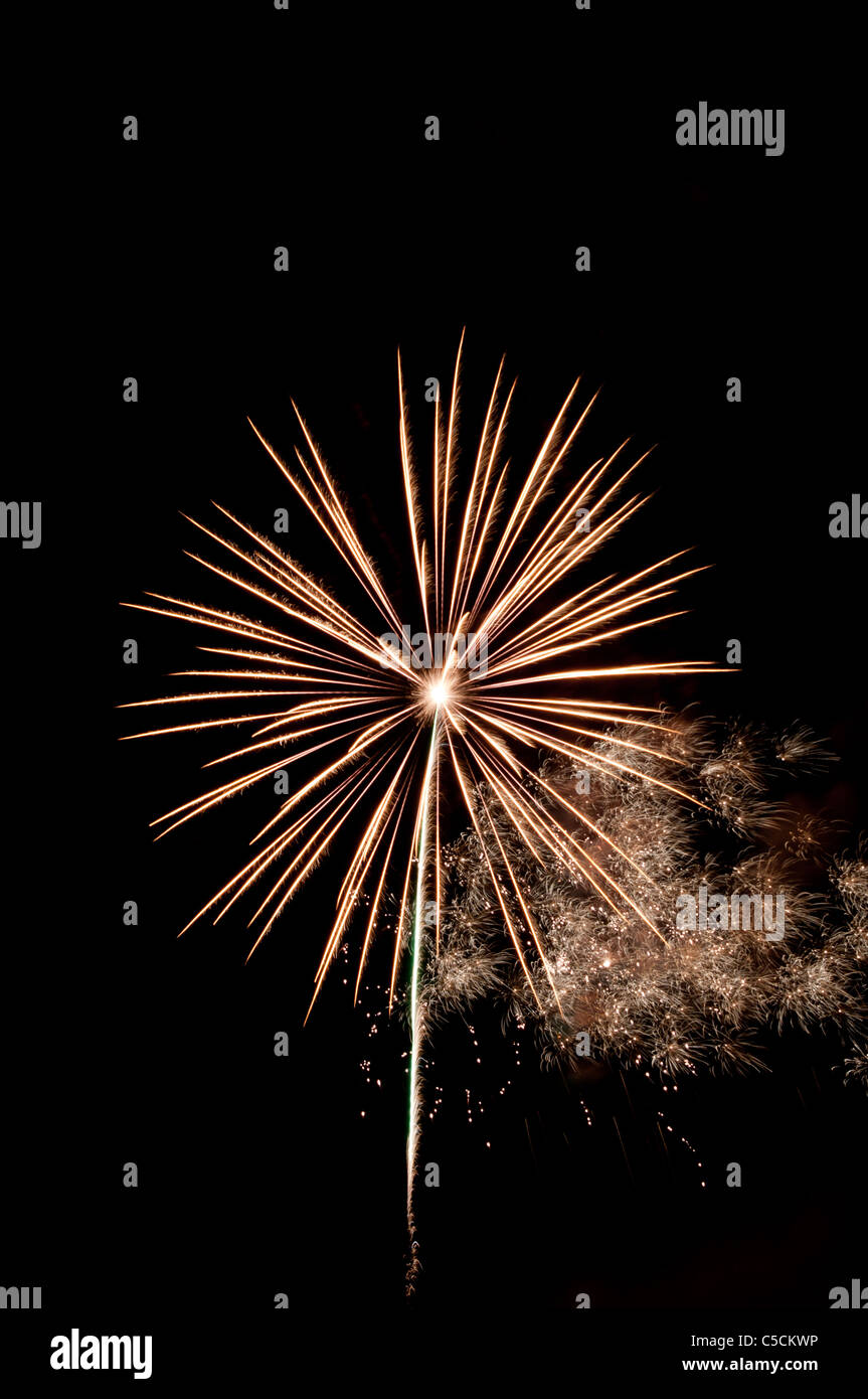 Gold fireworks exploding in the night sky. A celebration of color and ...