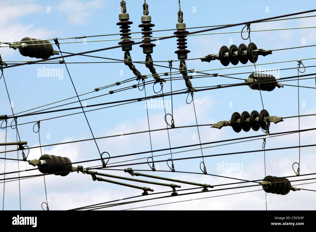 Power cables of a railway track. Power for electric locomotives Stock ...