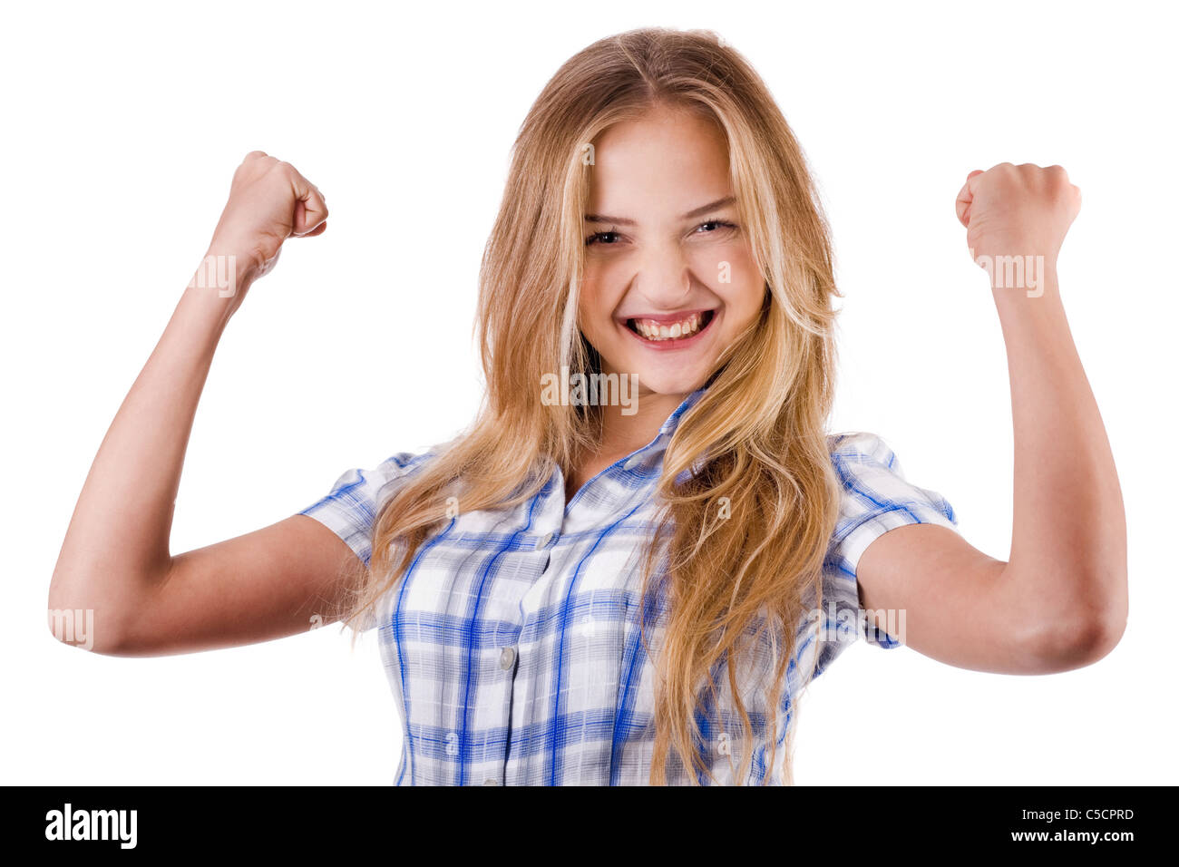 Women shows her success by raising hands on a white background Stock ...