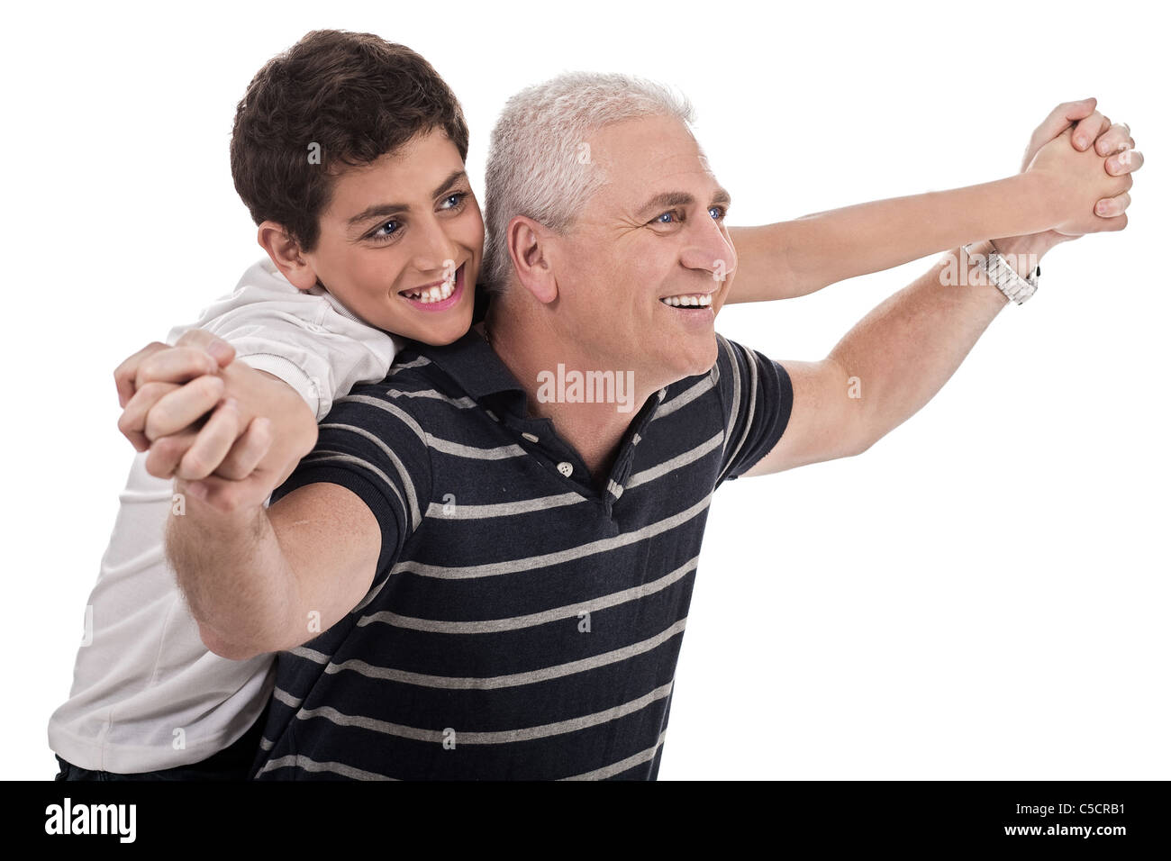 Piggyback ride given by grandfather on isolated background Stock Photo ...