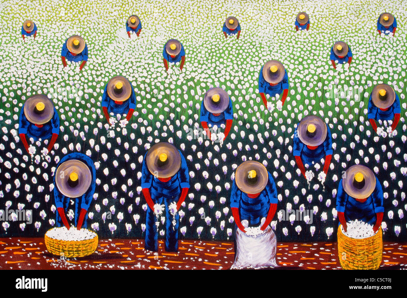 Painting of field workers wearing hats and blue clothing and harvesting ...