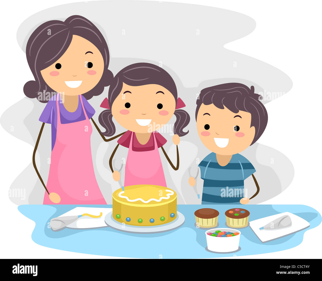 Illustration of a Family Decorating Cakes Together Stock Photo - Alamy