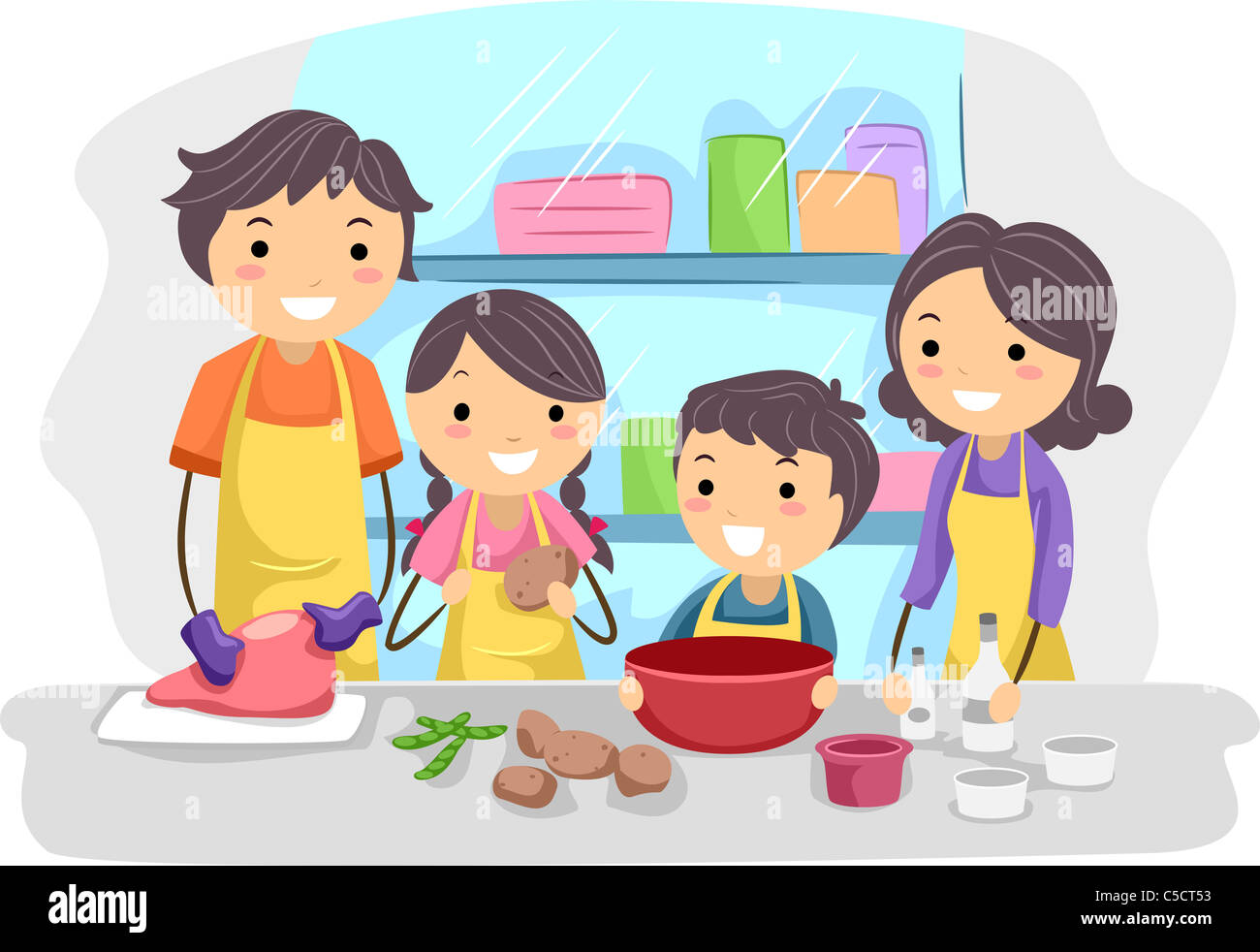 Illustration of a Family Preparing Ingredients for Cooking Stock Photo ...