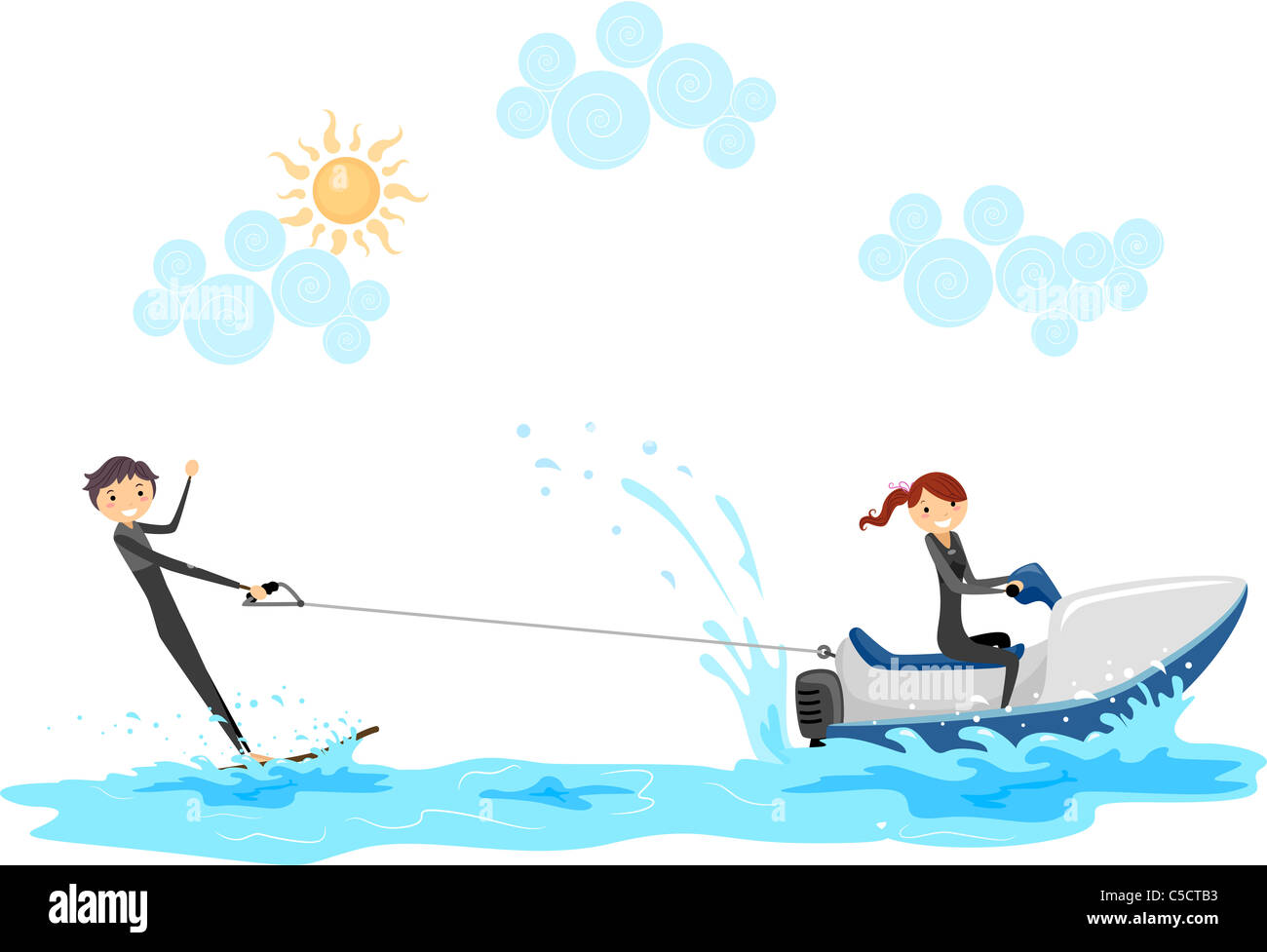 Illustration of a Couple Wakeboarding Stock Photo - Alamy