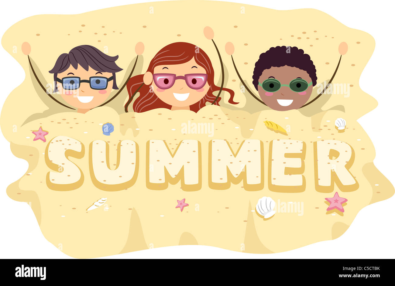 Illustration of Friends Half-buried in the Sand Stock Photo - Alamy