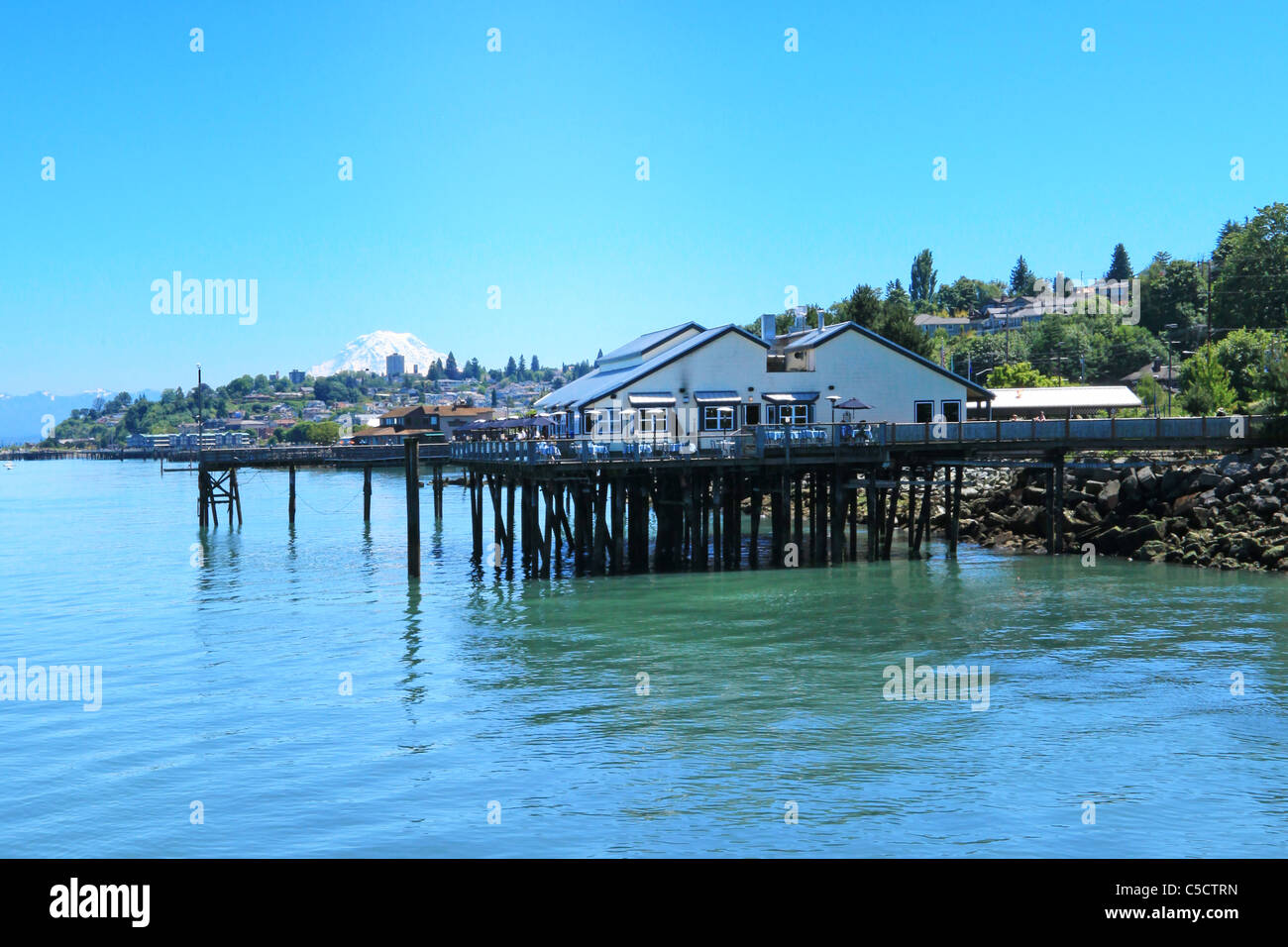 Tacoma, WA Ruston Way waterfront with pier and Mt.Rainier during summer ...