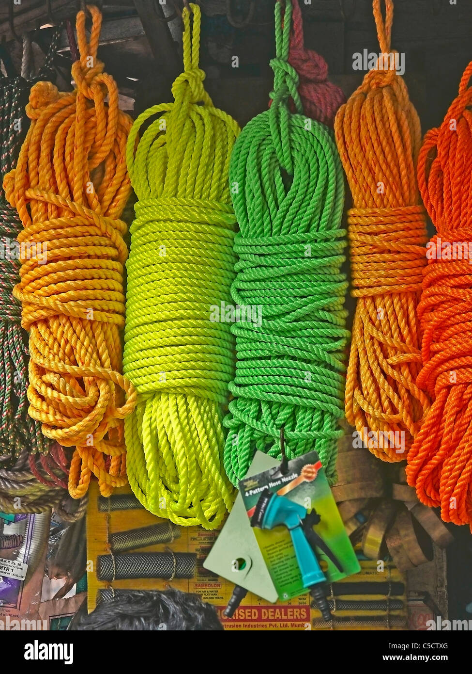 Bundles of Nylon heavy-duty commercial quality rope are displayed ...