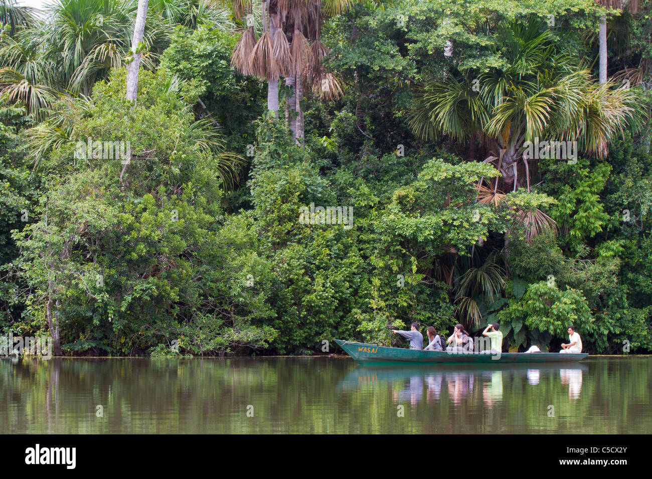 Tourists in wooden boat on Lake Sandoval, Tambopata National Reserve ...