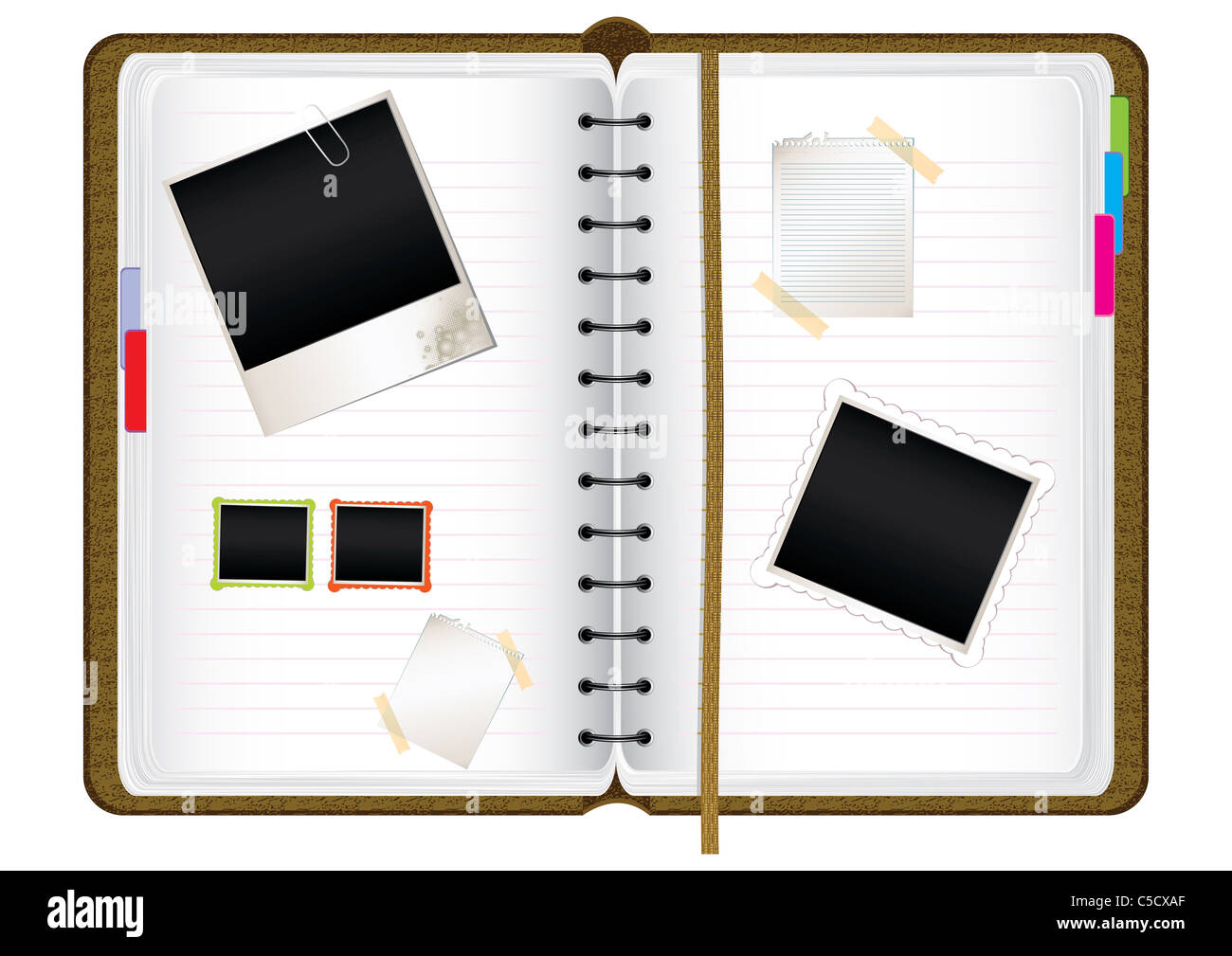 Scrapbook diary with empty photo frames and notes, illustration Stock ...