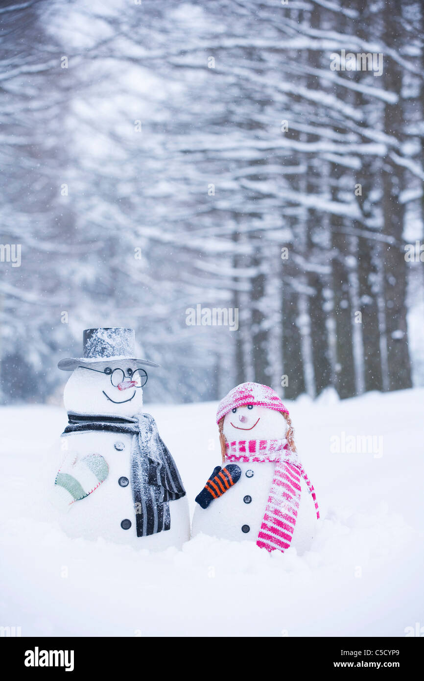 two snowmen stood on snow field Stock Photo - Alamy