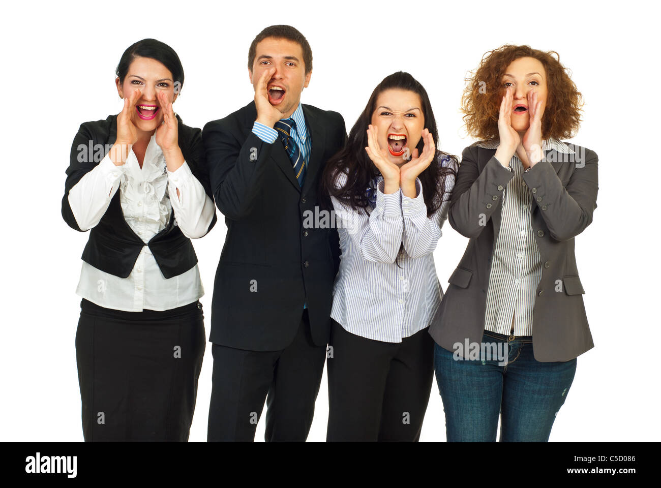 Four business people group standing in a row and shouting isolated on ...