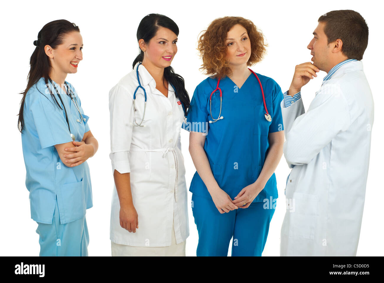 Hospital manager man talking with employees doctors and nurses women ...