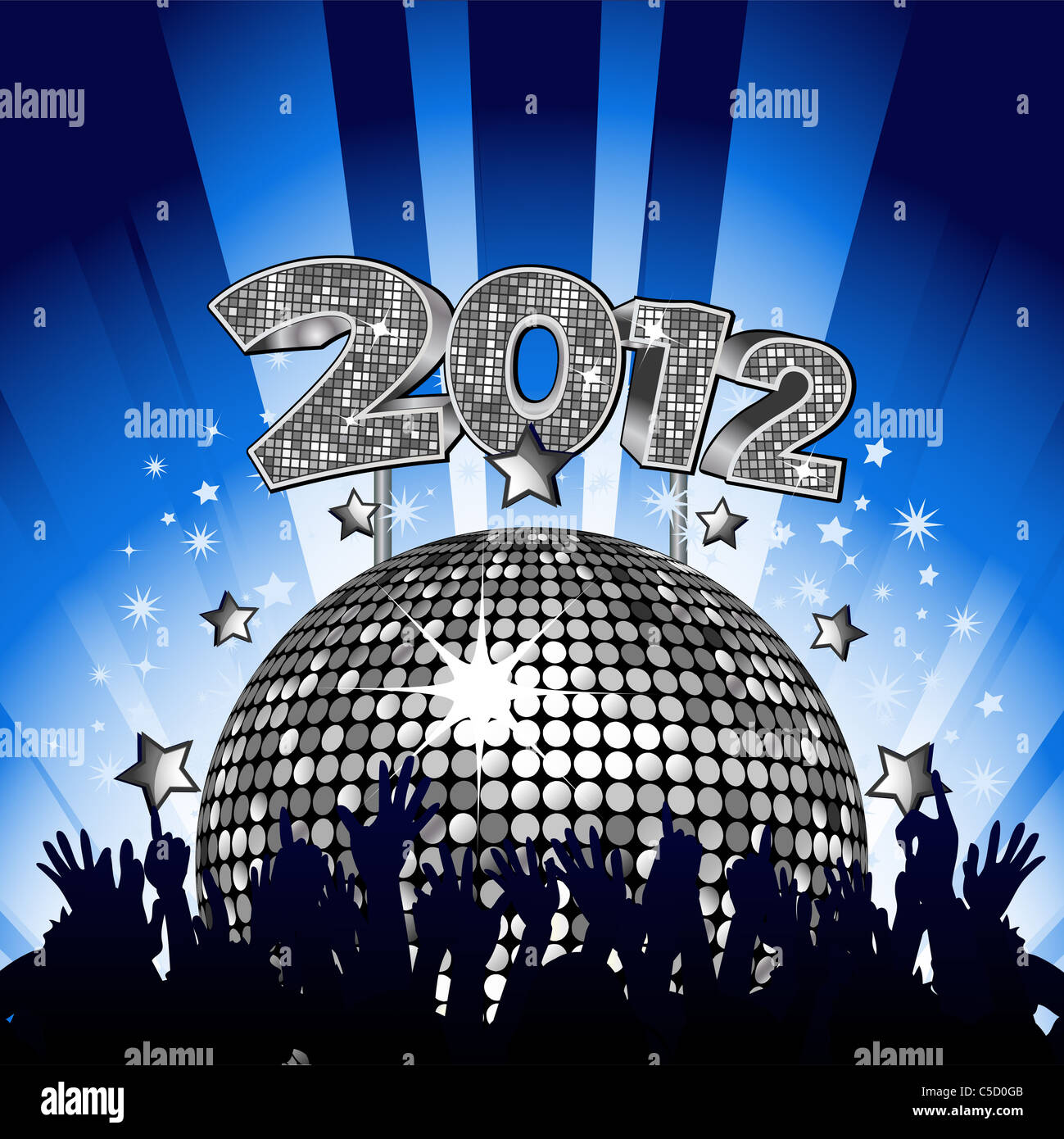 new year party with crowd dancing in front of silver disco ball with ...
