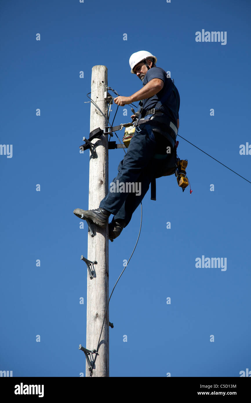 BT Openreach engineer telegraph pole repairing telephone line Mickleton ...