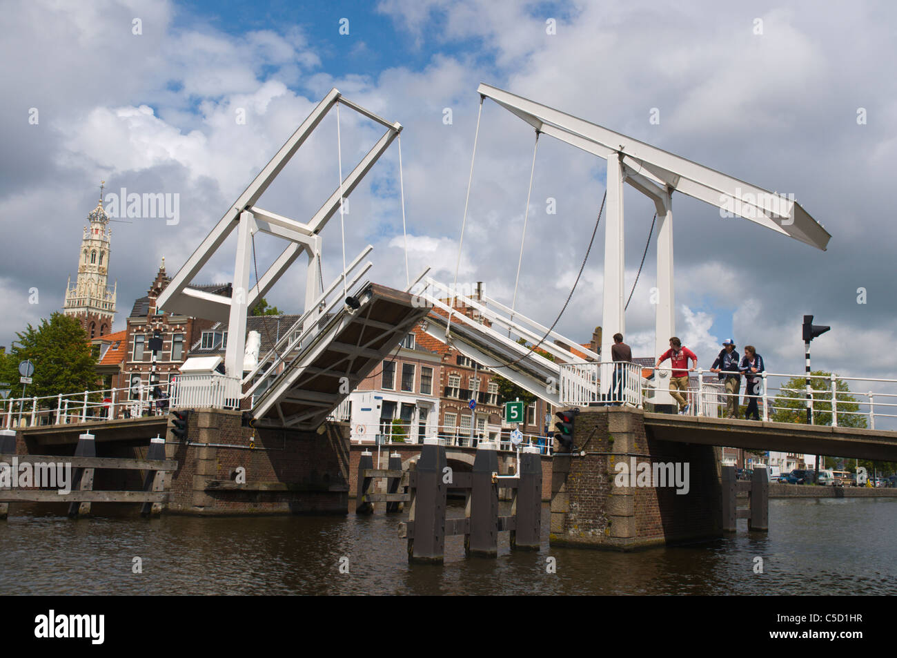 Gravestenenbrug bridge in process of being elevated for a boat to pass ...