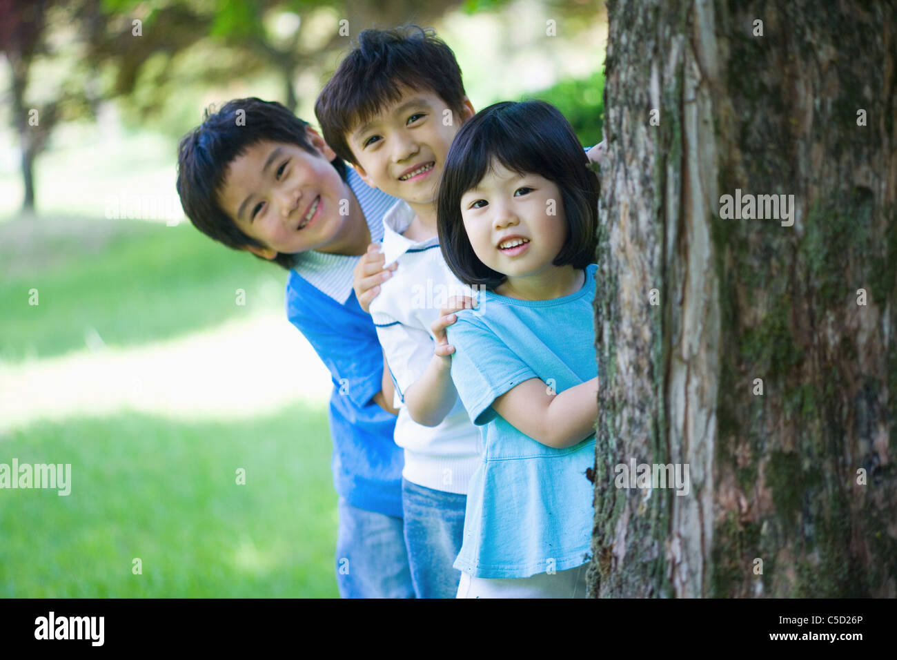 children stood behind the tree Stock Photo - Alamy