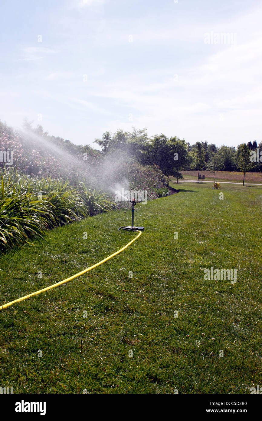 Garden sprinkler spraying border plants shrubs hi-res stock photography ...