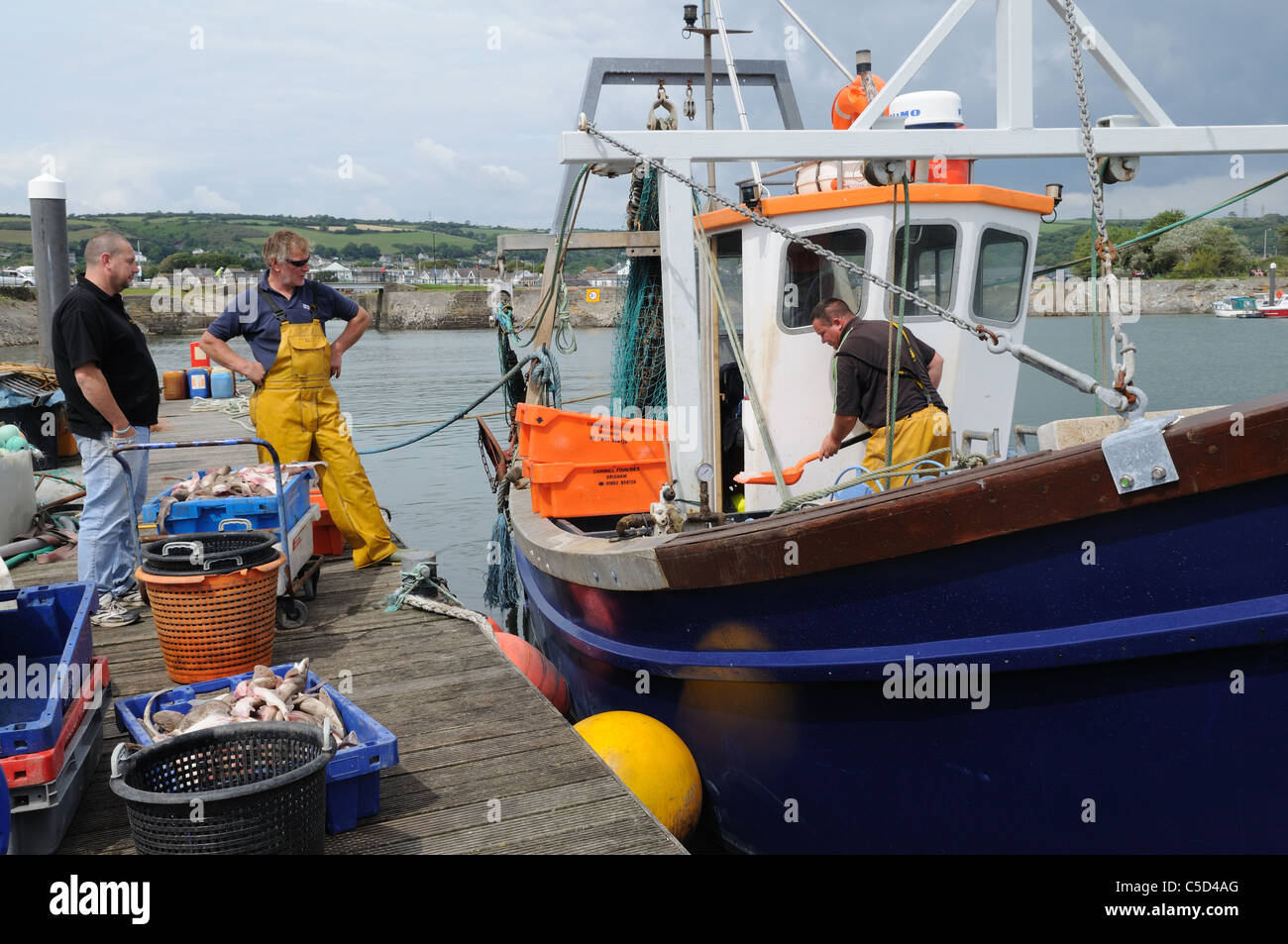 Fishing boat landing fish at Burry Port Harbour Carmarthenshire Wales ...