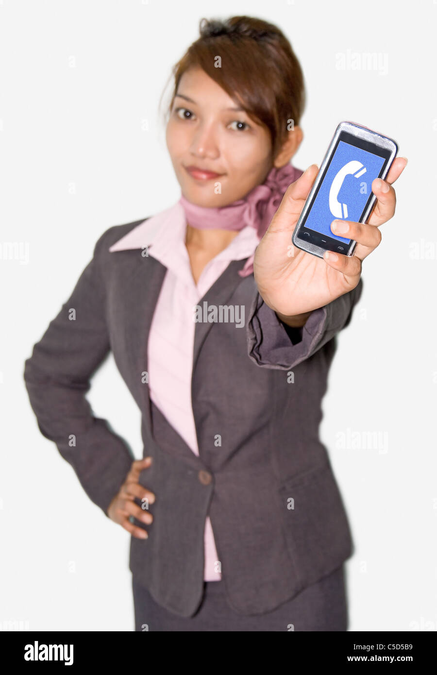 Businesswoman shows his mobile phone forward Stock Photo - Alamy