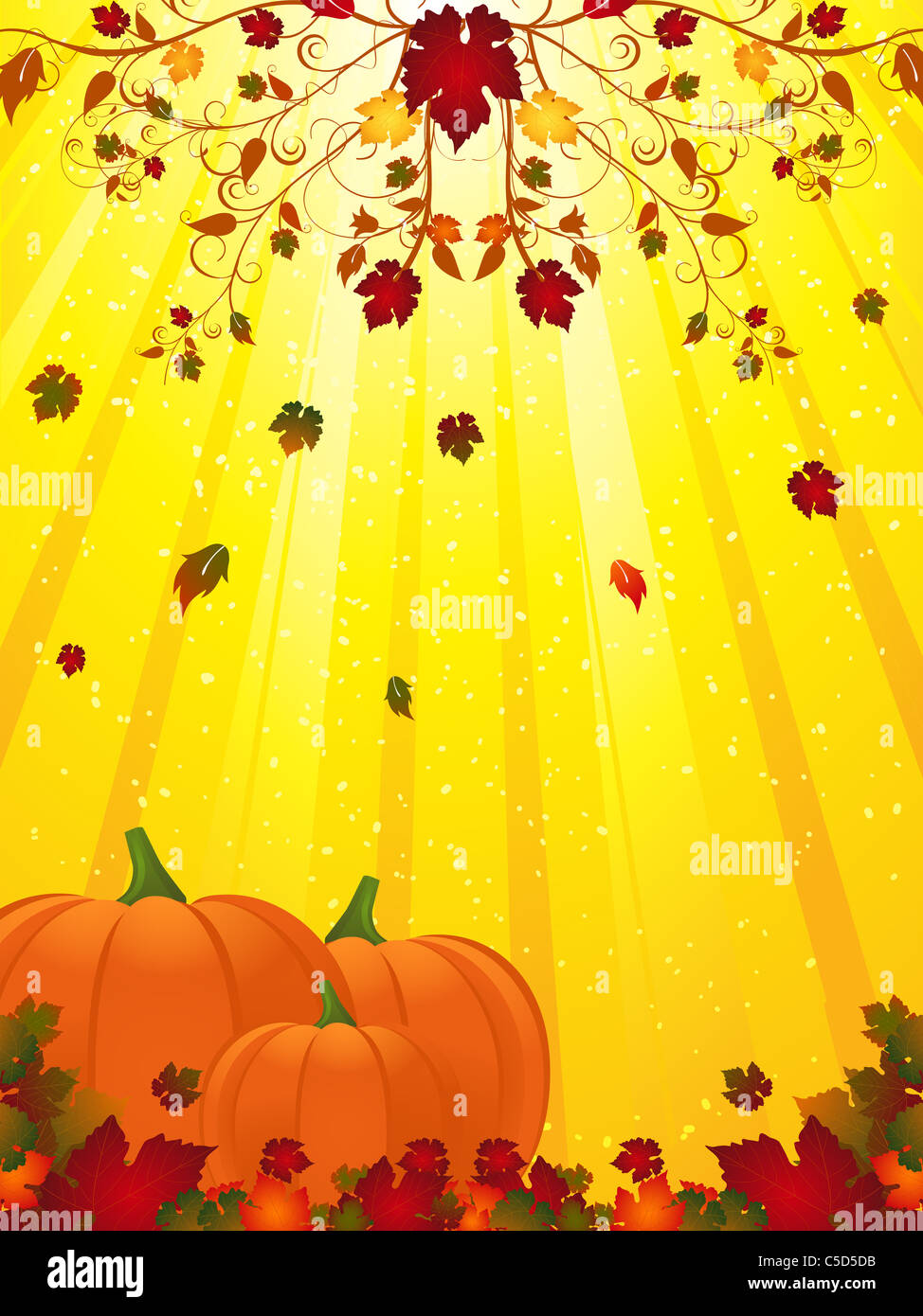Pumpkins and autumn leaves on a golden star burst background Stock ...
