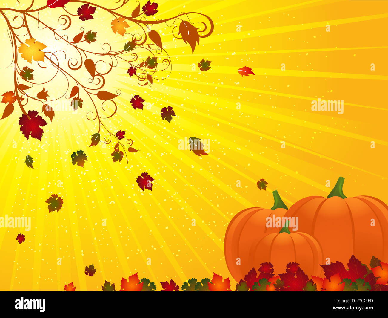 Pumpkins on an orange star burst background with autumn leaves falling ...