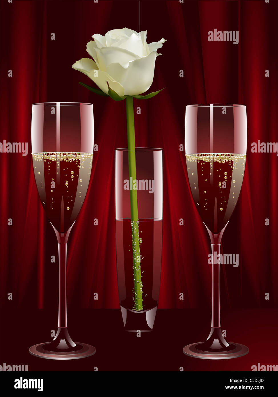 white rose in a glass vase between two glasses of champagne against a ...