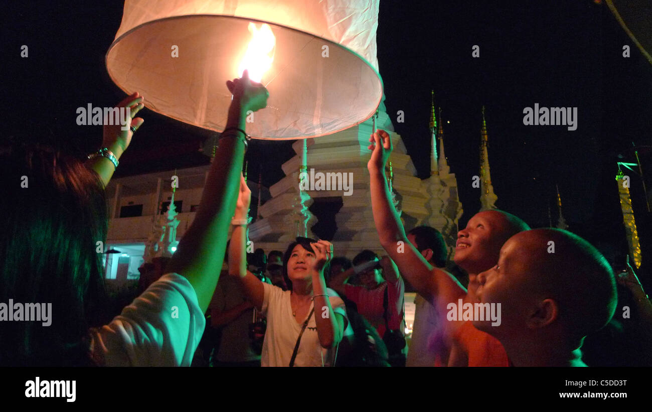 THAILAND Chiang Mai. Loi Krathong lantern Festival. Buddhist monks and ...