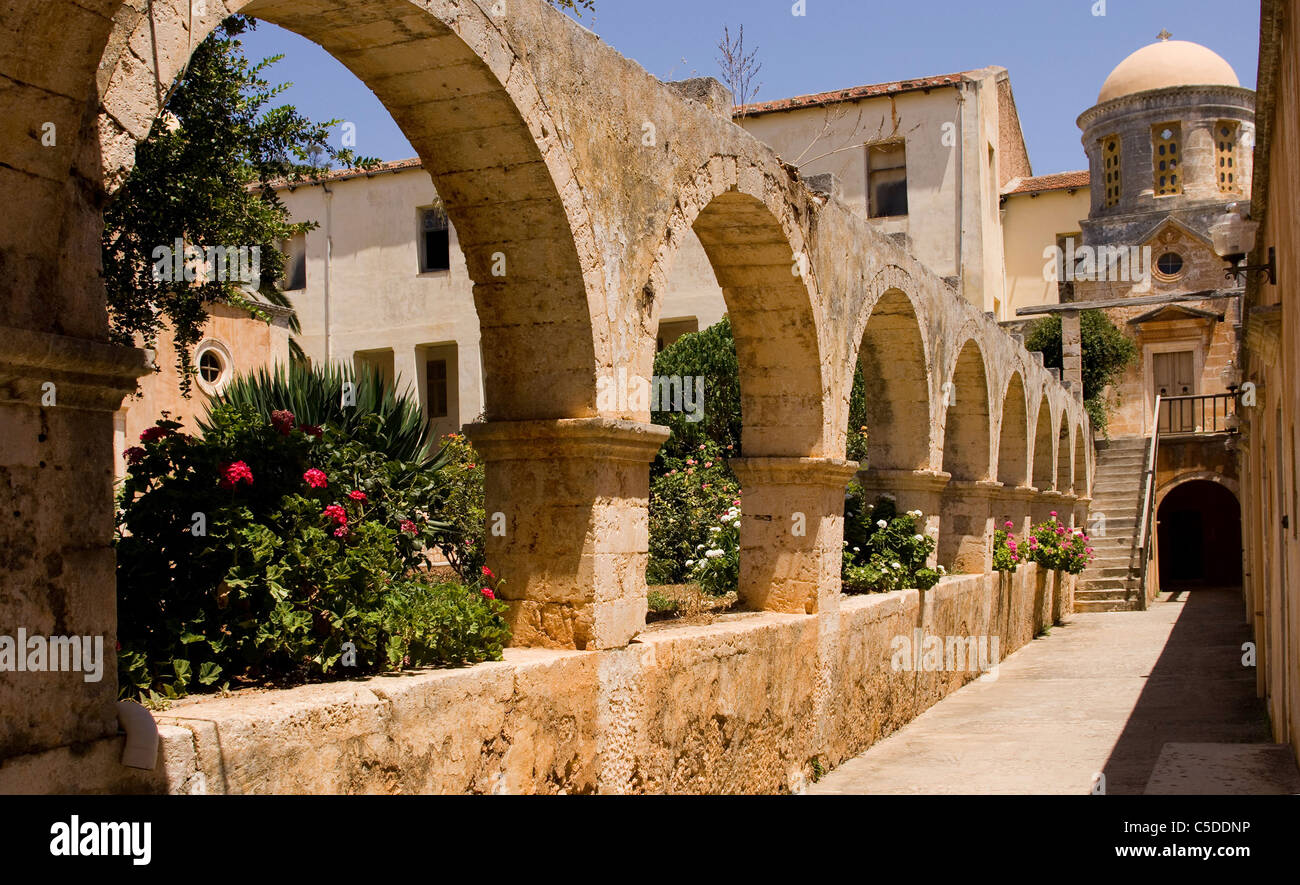 The interior cloisters of the Moni Agia Triada or Monastery of the Holy ...