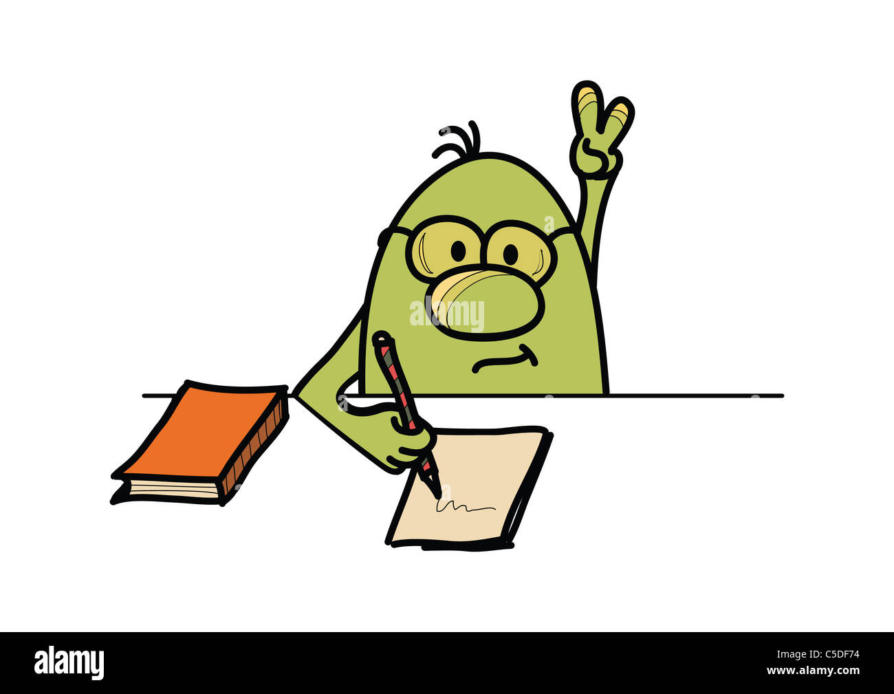 Roundy cartoon character answering the question and writing ...