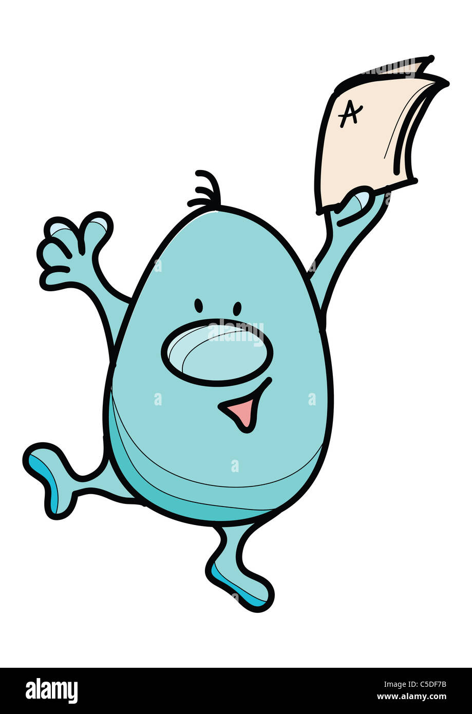 Roundy cartoon character jumping from joy and holding paper ...
