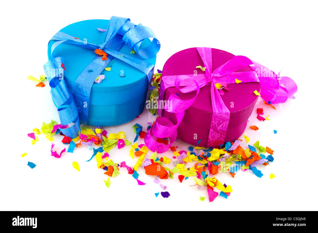 Colorful presents in pink yellow blue and green Stock Photo - Alamy