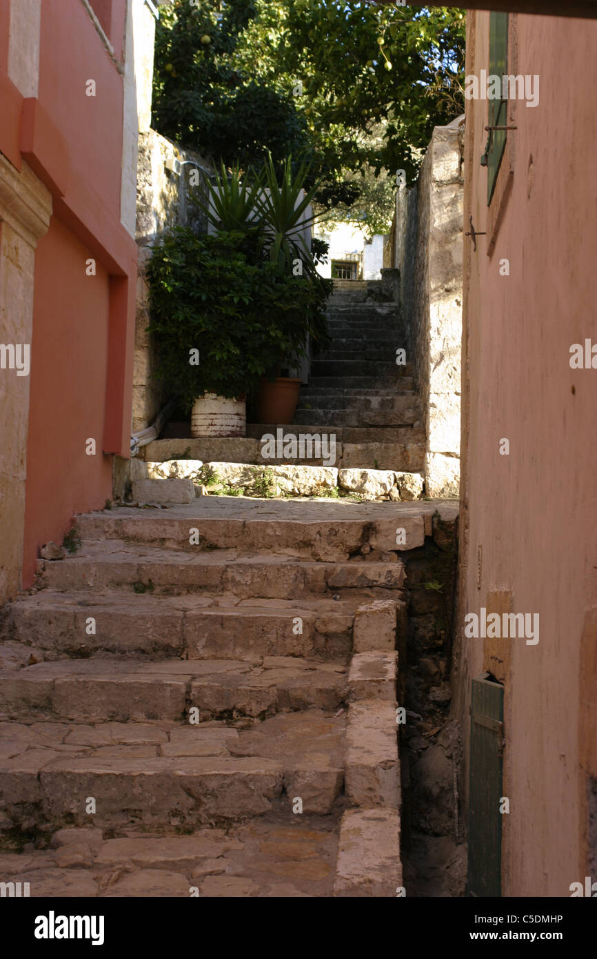 Stone steps leading up hill in Fiscardo Kefalonia Greece Stock Photo ...