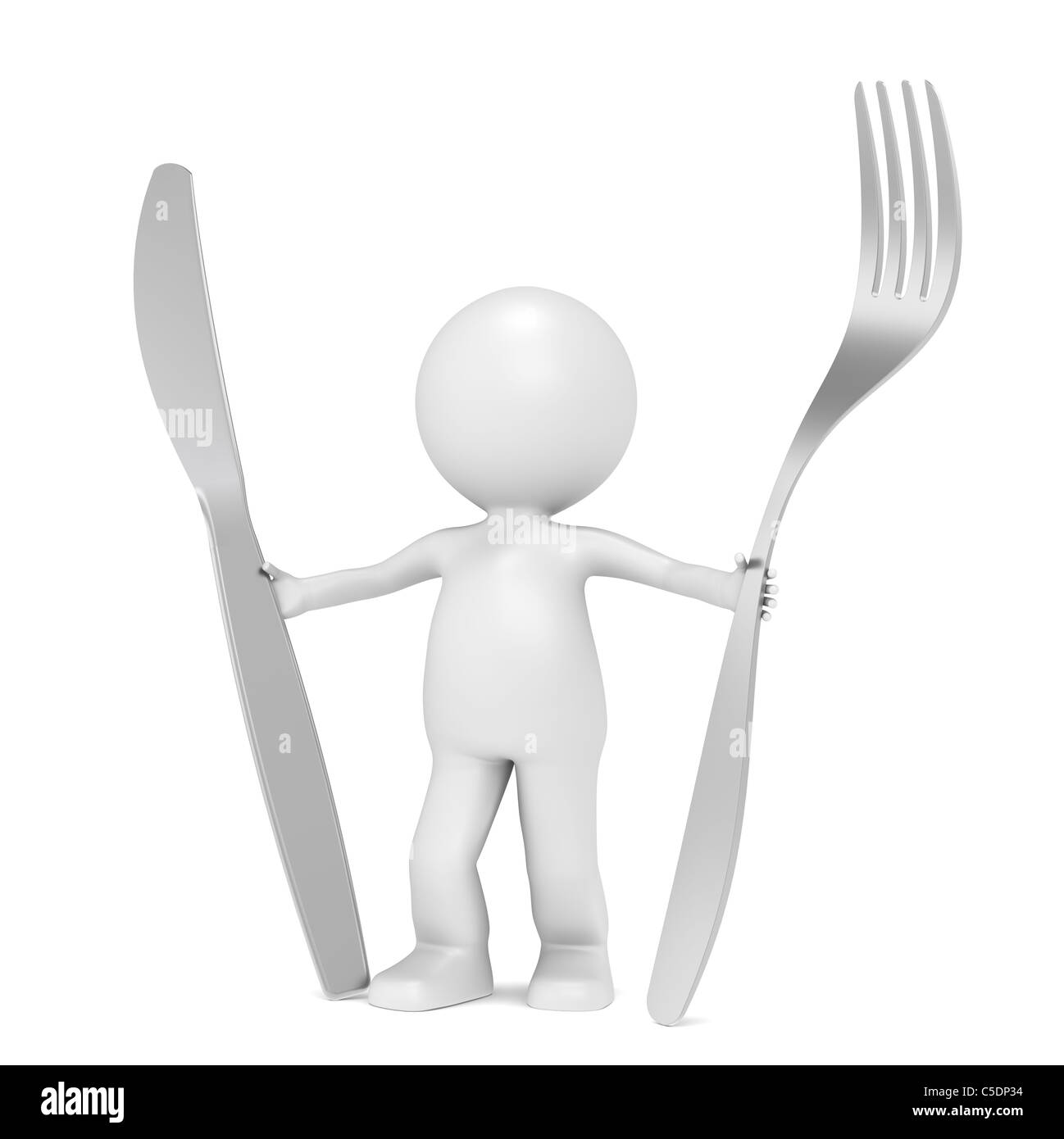 3D Little Human Character holding a fork and a knife Stock Photo - Alamy