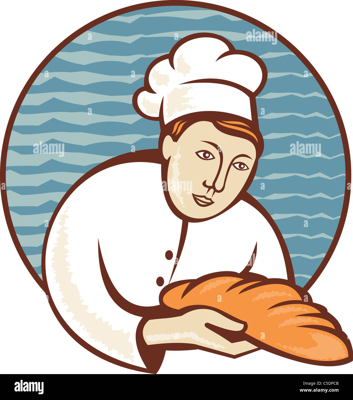 illustration of a baker chef cook holding a loaf of bread set inside ...