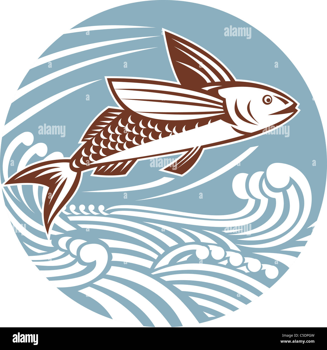 illustration of a flying fish with waves done in retro style set inside ...