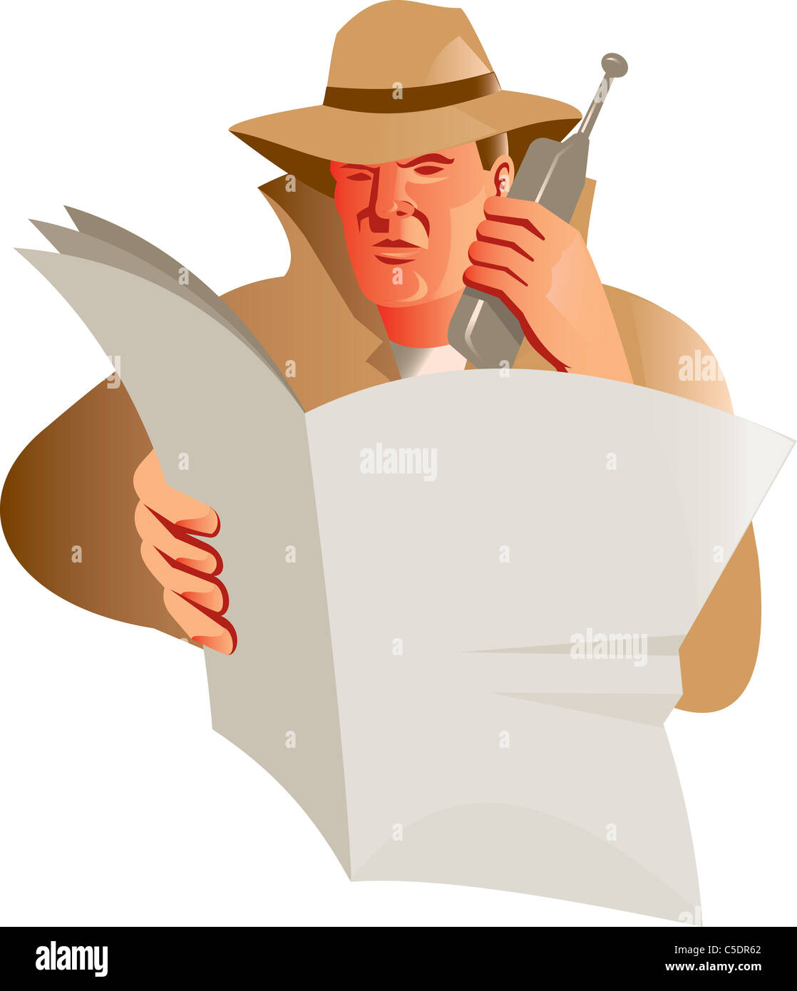 illustration of a male detective using calling cell phone while reading ...
