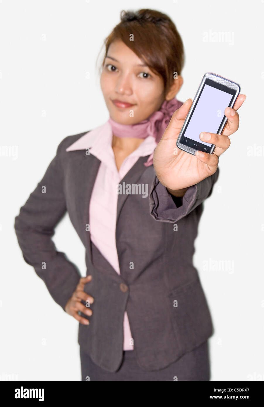 businesswoman shows his mobile phone forward Stock Photo - Alamy