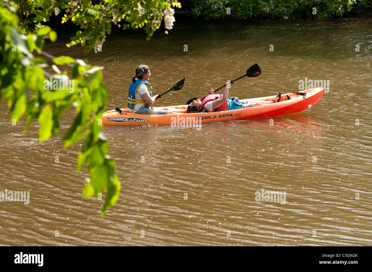Peddling a kayak on smooth lake Stock Photo - Alamy