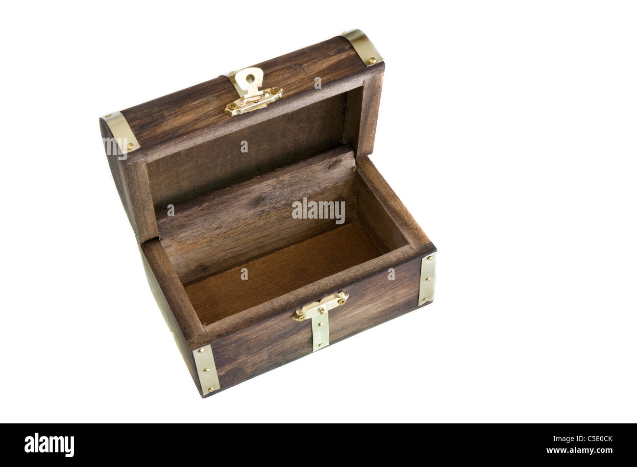 Miniature wooden treasure chest opened and empty on white background ...