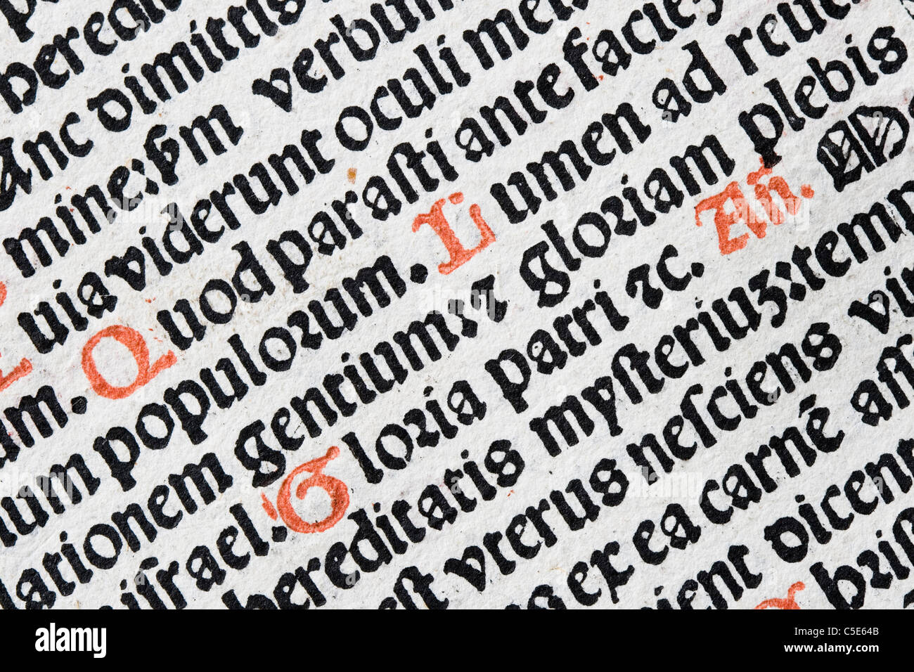 angled detail from 17th century woodblock book of prayer with latin ...