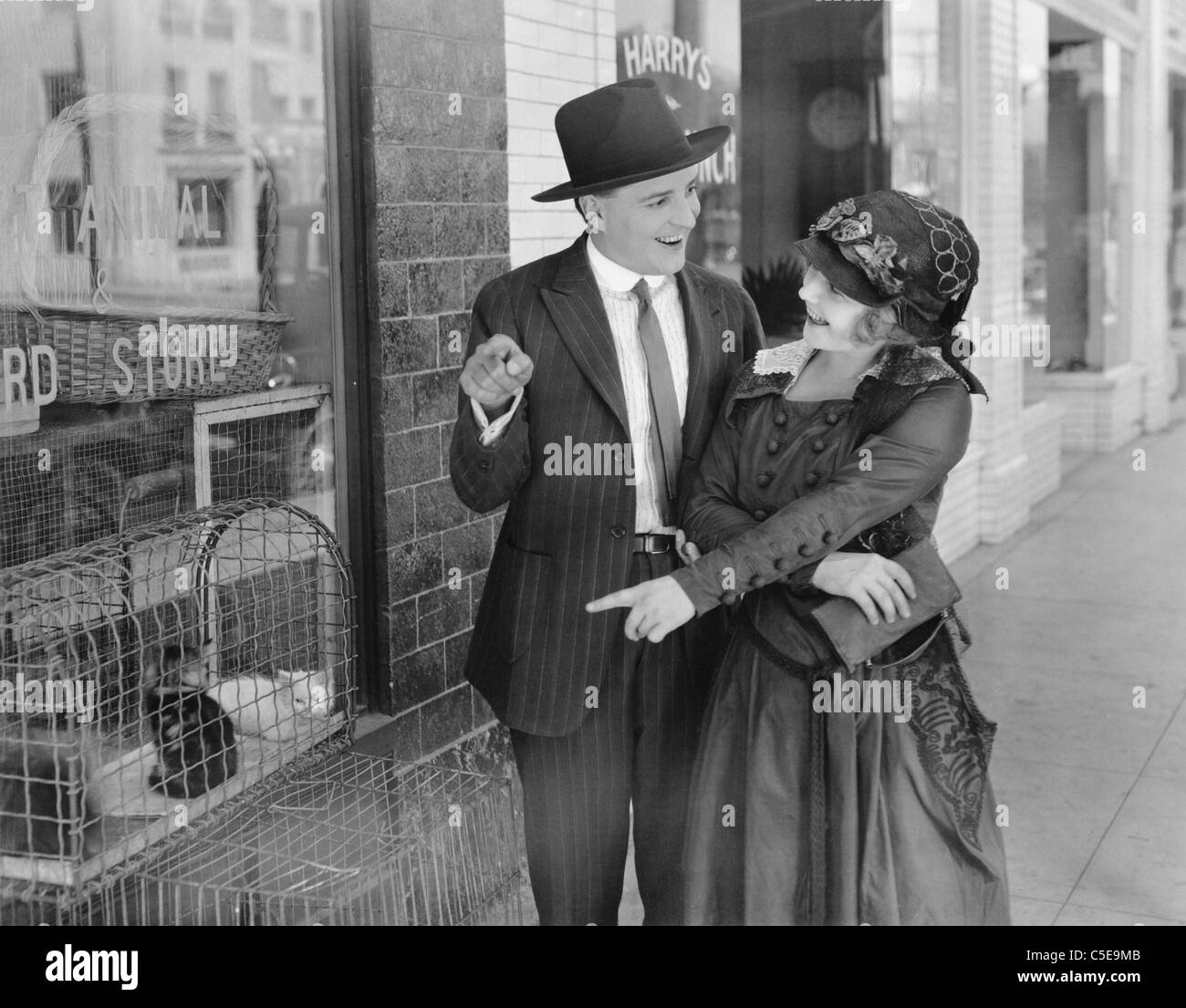 Young woman with man pointing at cats in cage for sale Stock Photo - Alamy